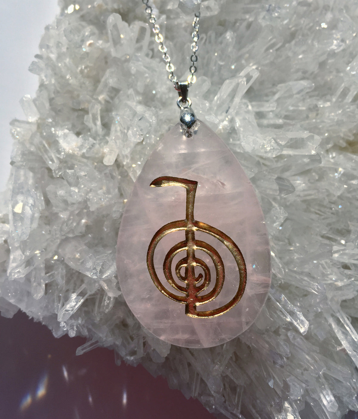 Engraved Rose Quartz Cho Ku Rei Reiki Symbol Pendant - Cast a Stone